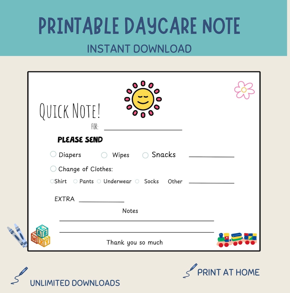 Printable Daycare Quick Note, Teacher Going Home Report, Caregiver Note ...