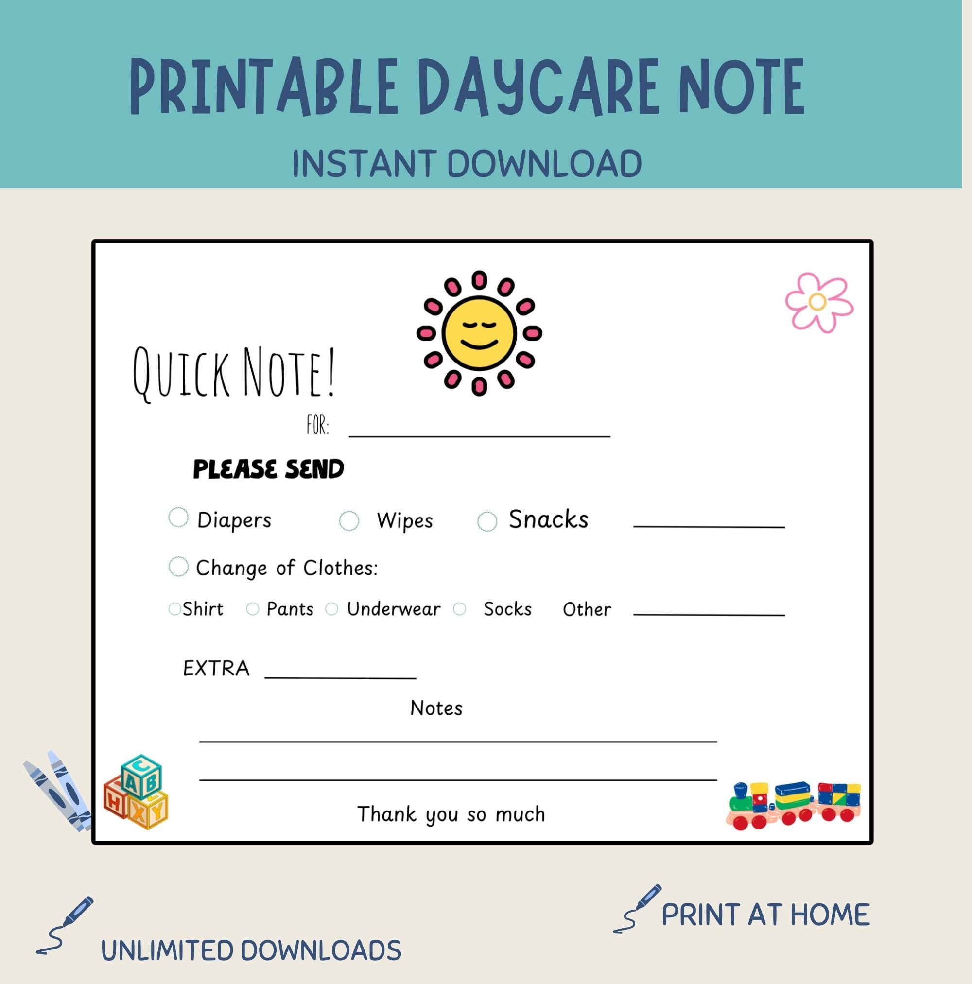 Printable Daycare Quick Note, Teacher Going Home Report, Caregiver Note ...