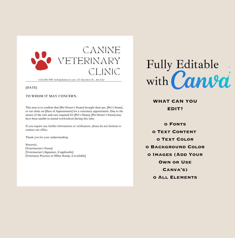 Veterinarian Excuse Note: Editable Medical Letter (PDF) - Etsy