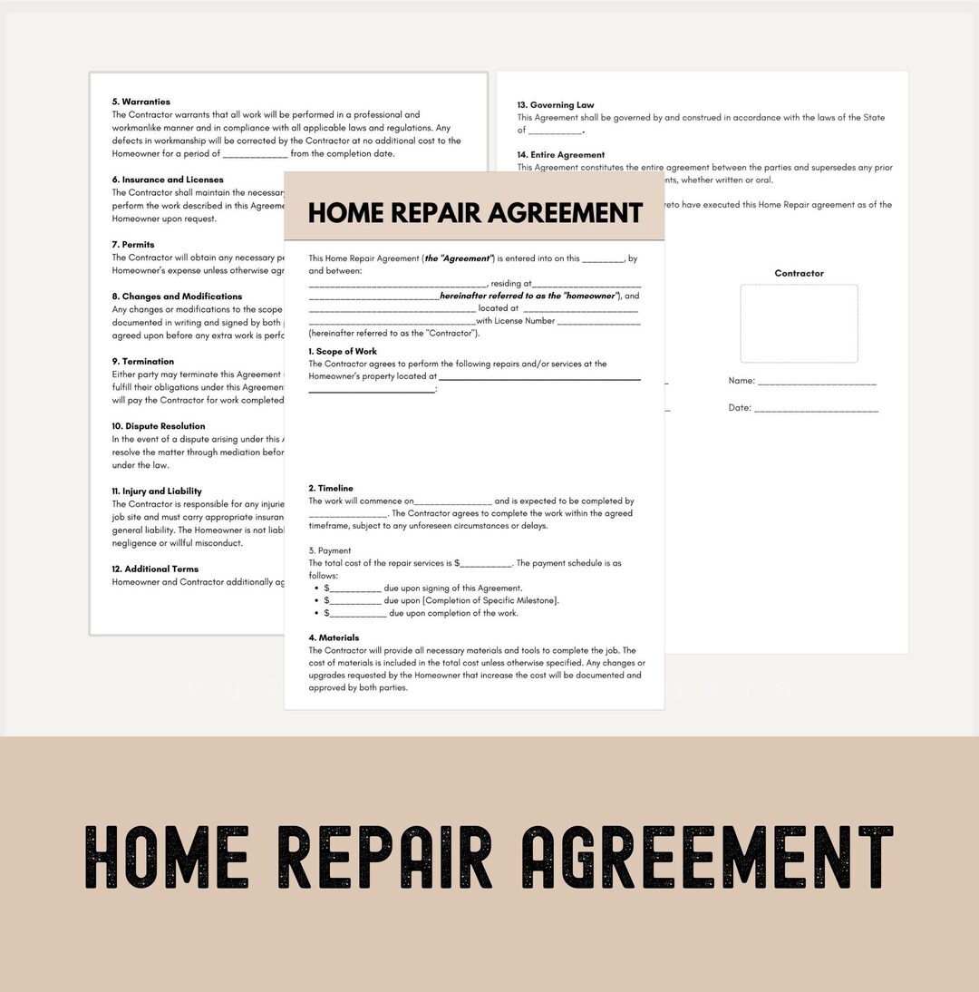 Home Repair Contractor Agreement Template (PDF Download) - Etsy