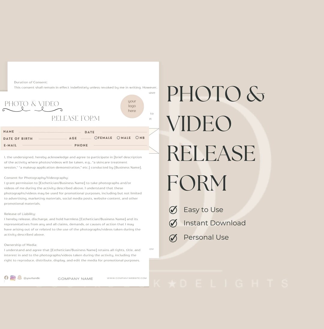 Photo and Video Release Form, Photography Release Form, for ...