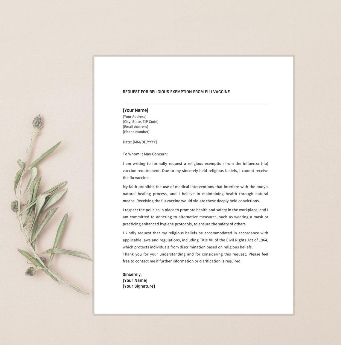 Religious Exemption From Flu Vaccine, Waiver Template (digital Download ...