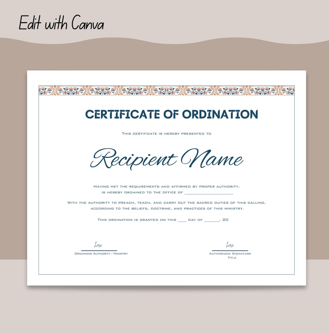 Editable Ordination Certificate Template, Printable Certificate of ...