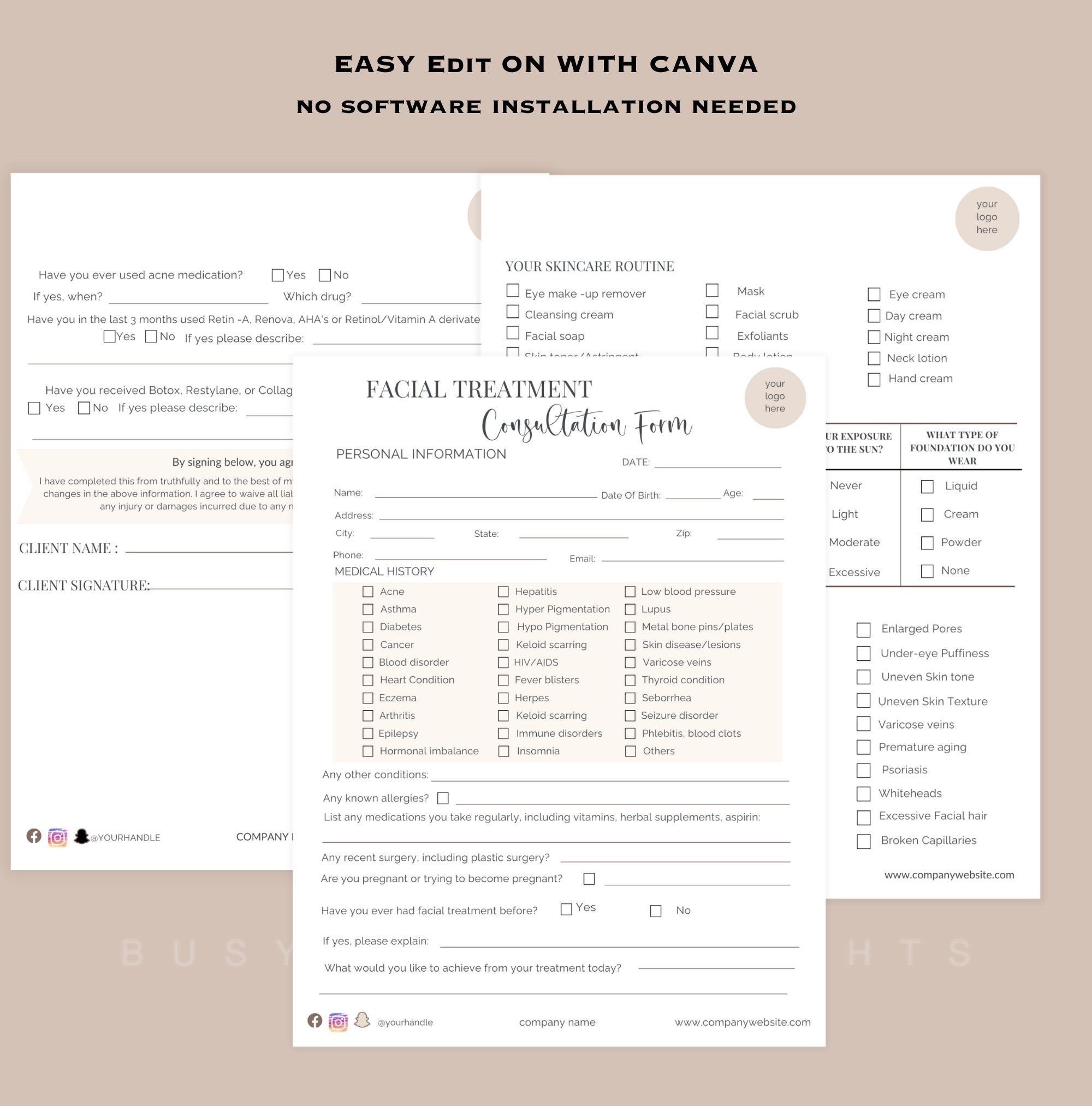 Esthetician Client Intake Form Template Editable Esthetician Forms ...