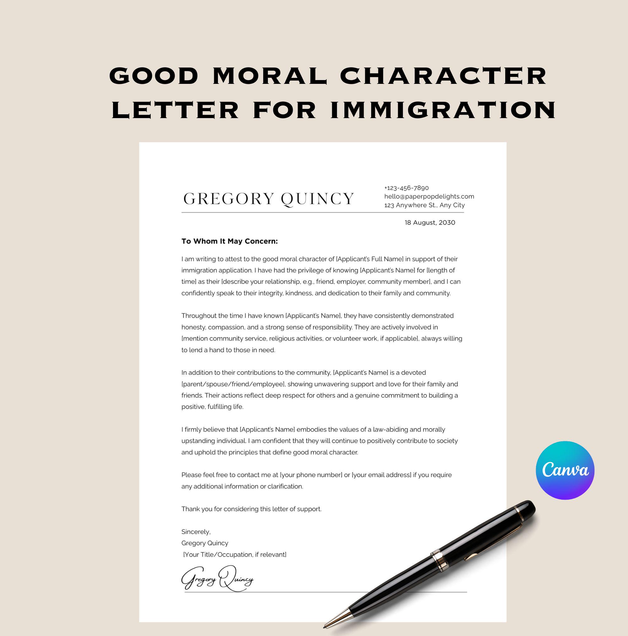 Immigration Character Reference Letter Template (digital Download) - Etsy