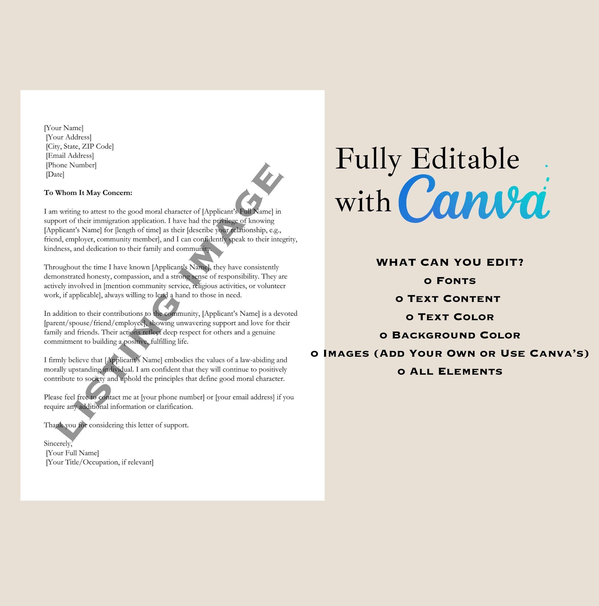 Immigration Character Reference Letter Template (digital Download) - Etsy