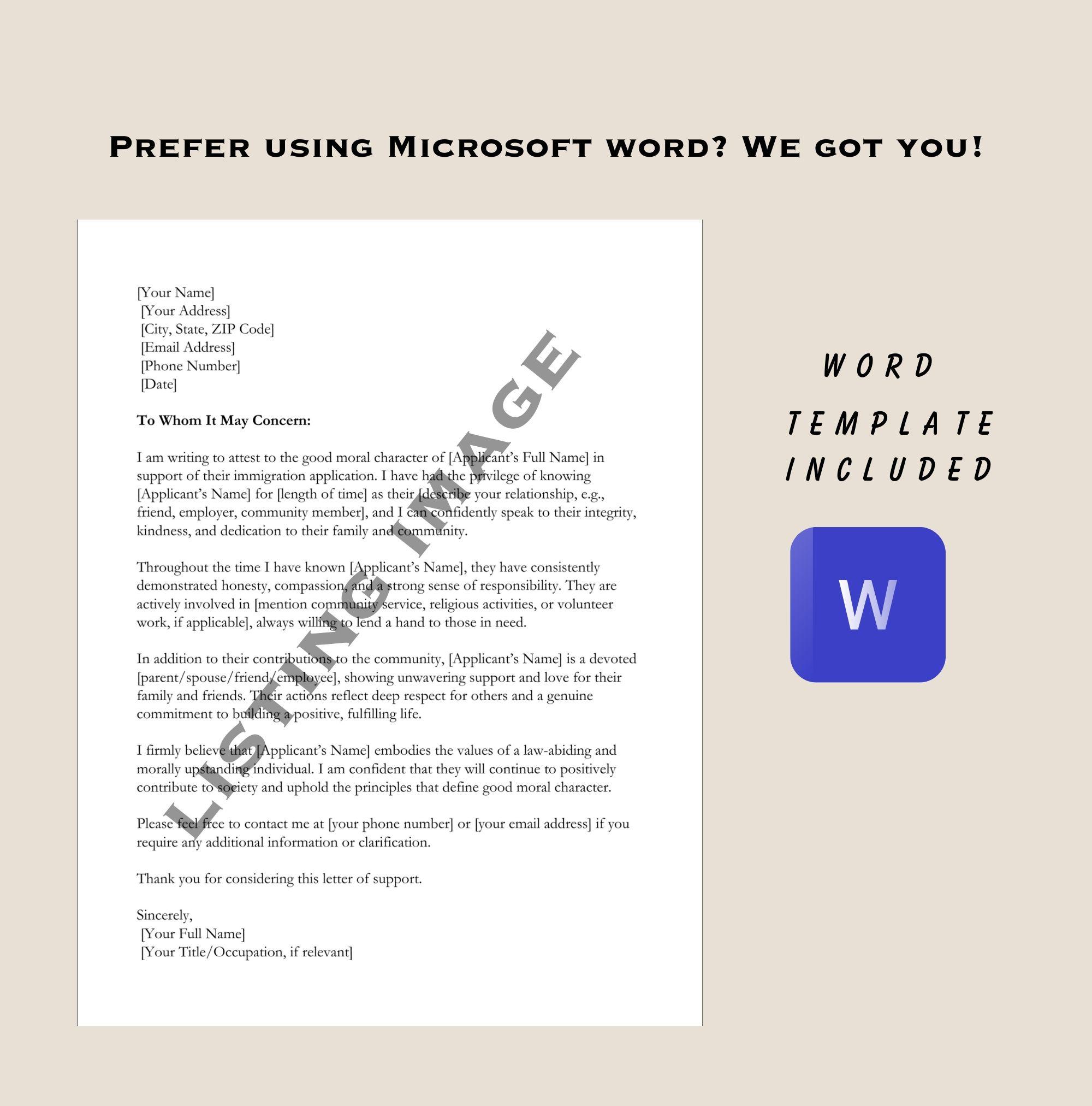 Immigration Character Reference Letter Template (digital Download) - Etsy