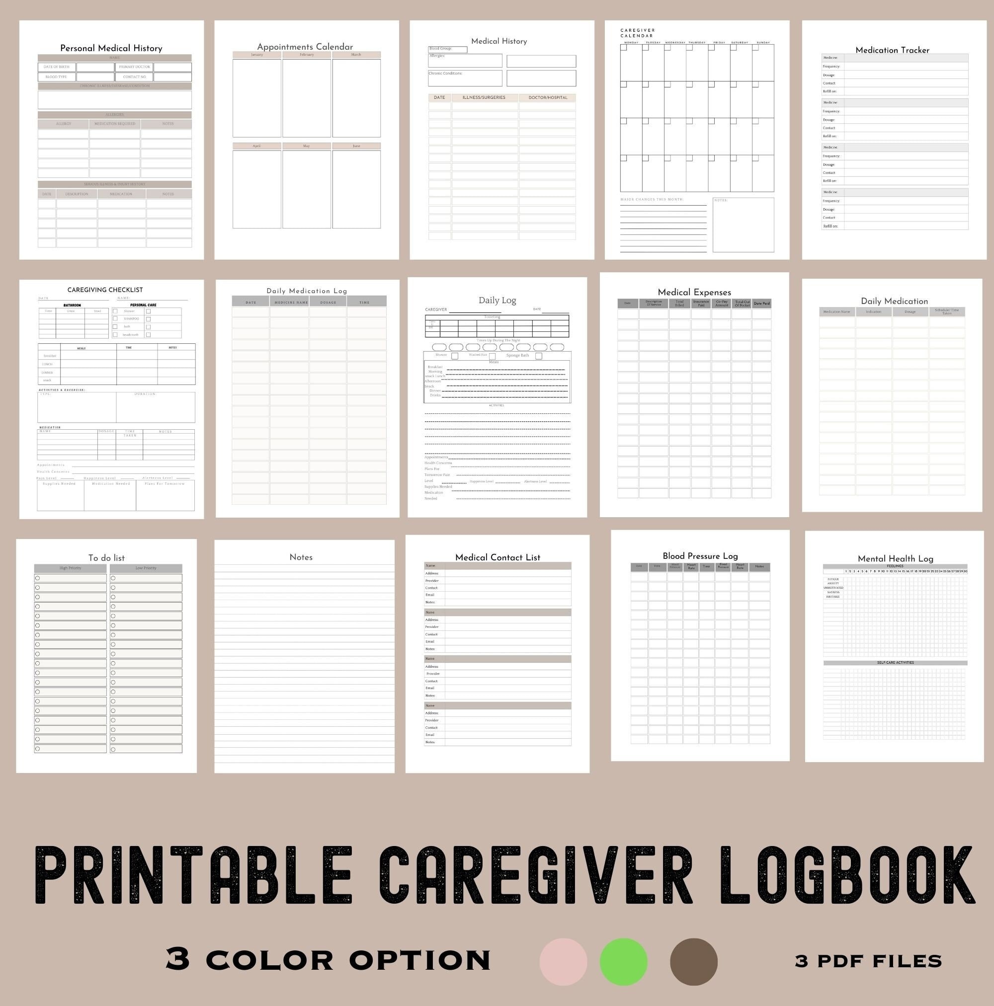 Printable Caregiver Logbook: Medical Binder, Daily Task Log (PDF) - Etsy