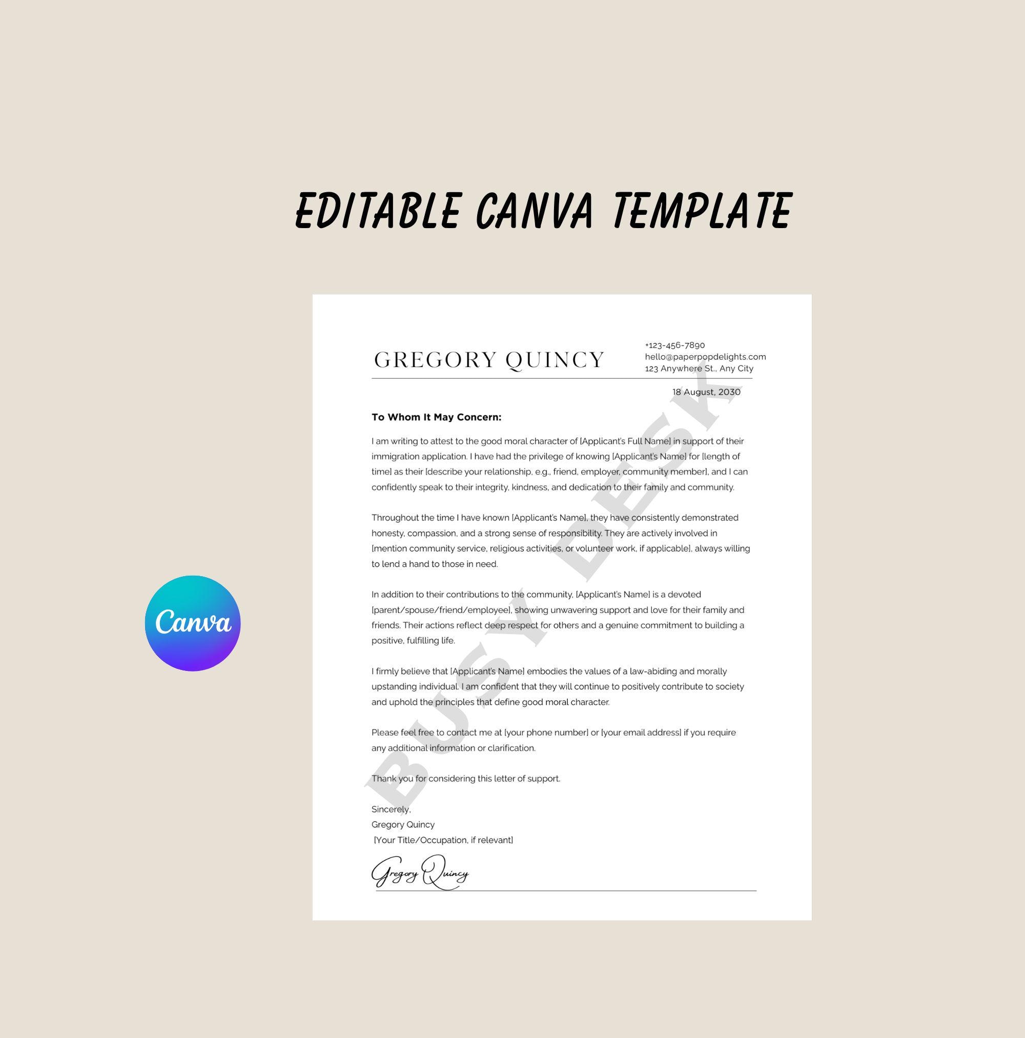 Immigration Character Reference Letter Template (digital Download) - Etsy