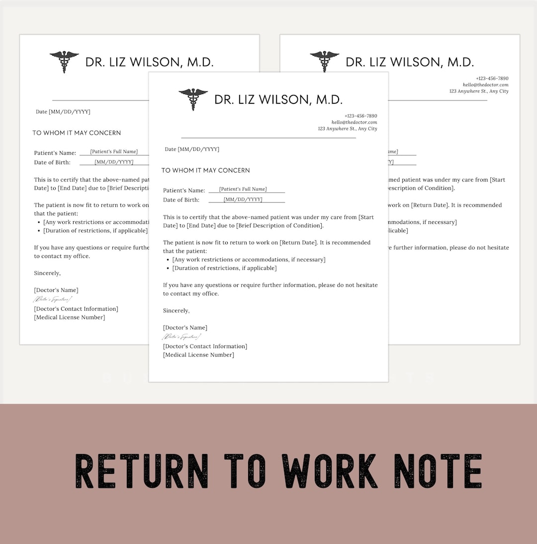 Doctor's Note, Return to Wok Note, Instant Download, Editable Return to ...