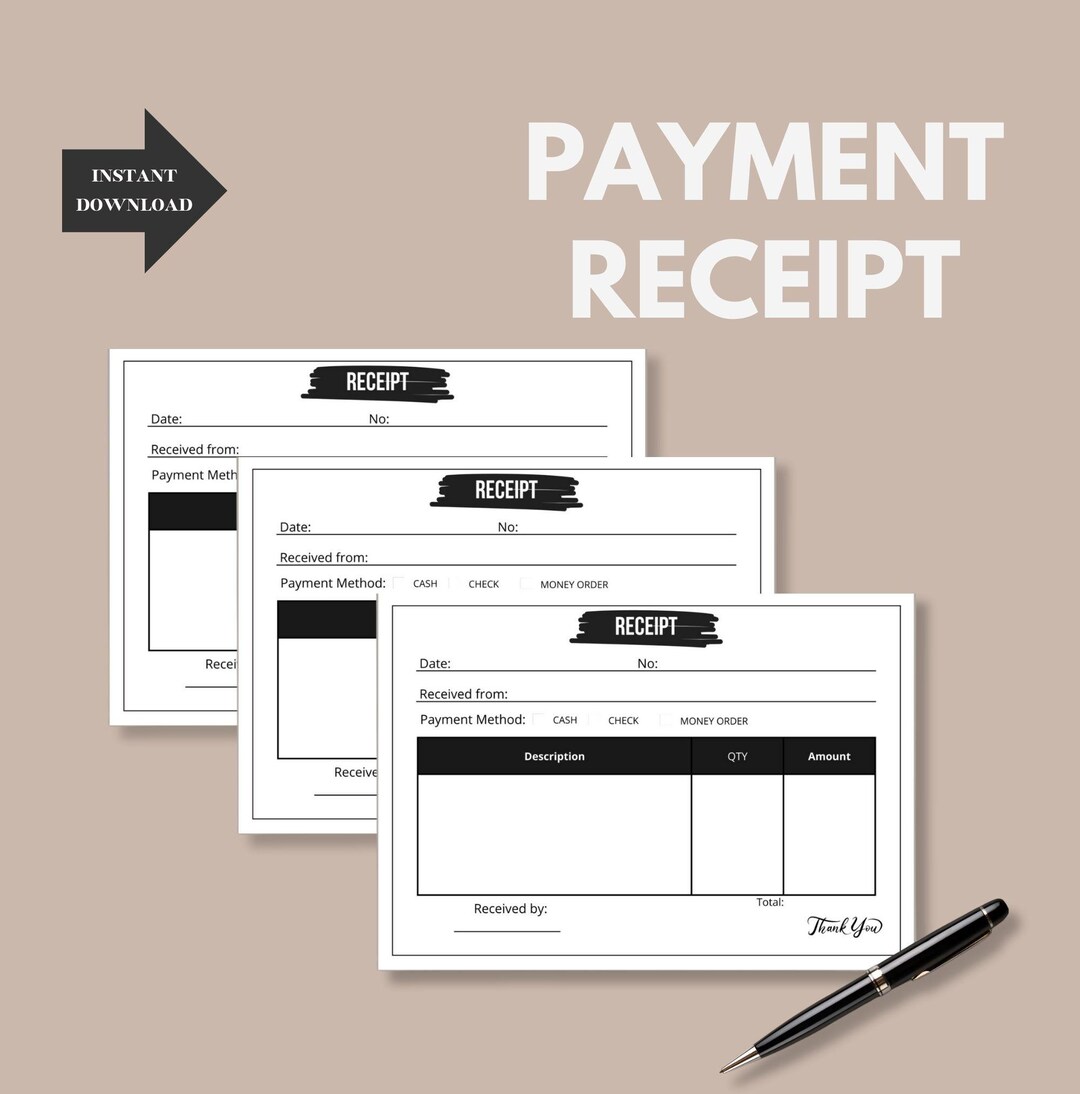 Printable Minimalist Receipt Template: Business Payment Form (instant ...