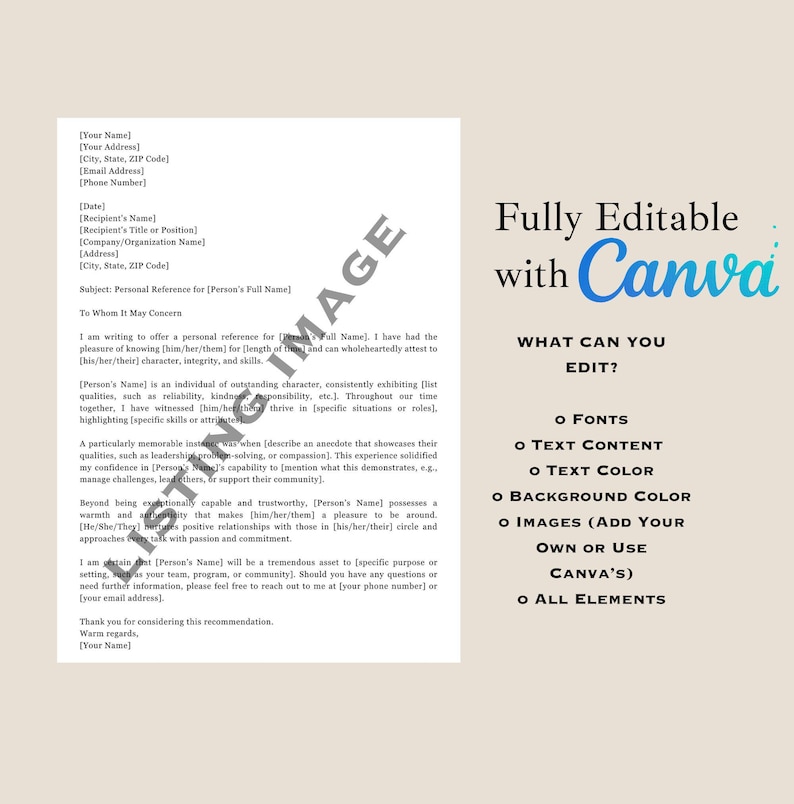 Personal Reference Letter Template: Editable Word & Canva (digital ...