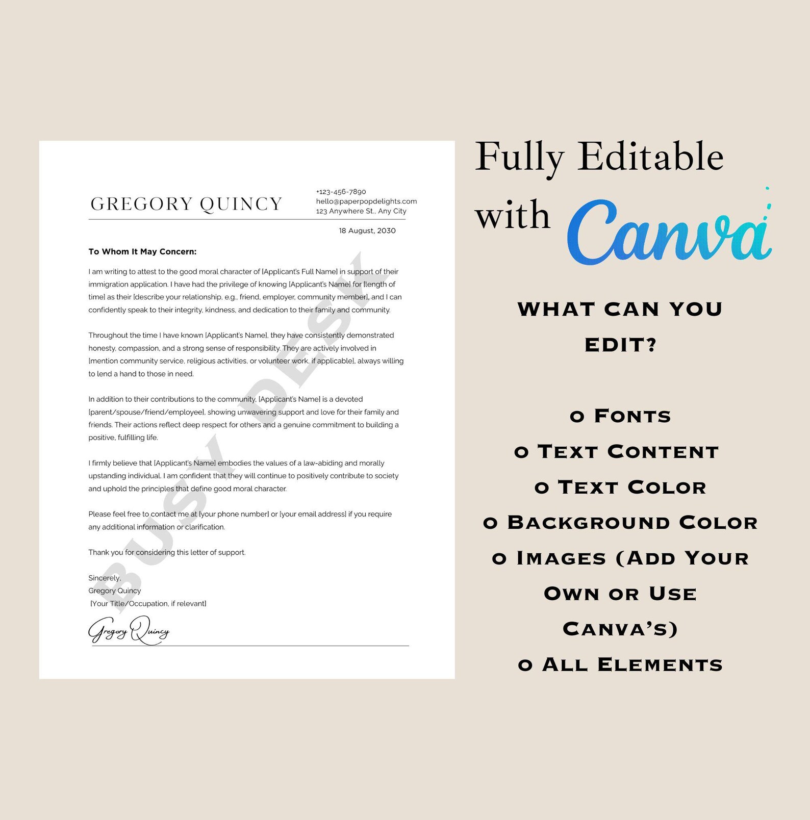 Immigration Character Reference Letter Template (digital Download) - Etsy
