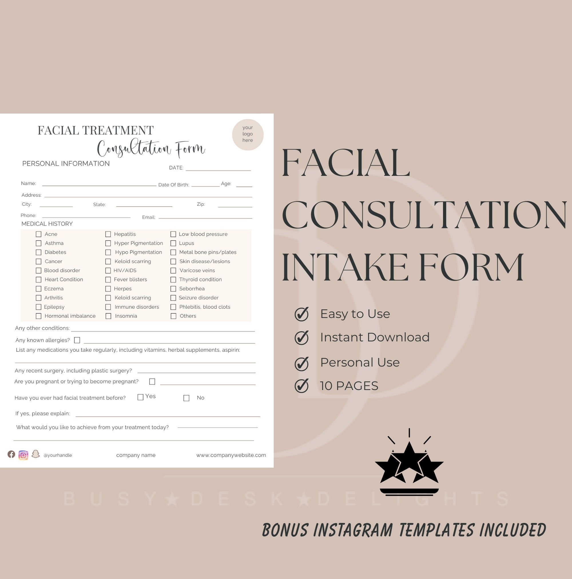 Editable Facial Consultation Form Editable Esthetician Forms ...