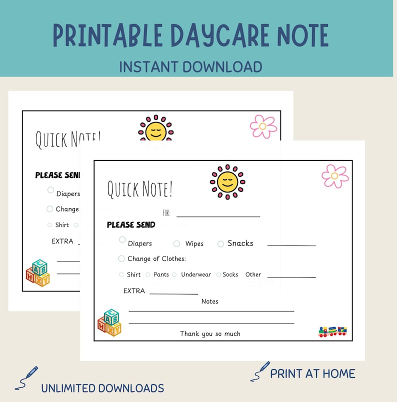 Printable Daycare Note for Parents: Teacher Communication (instant ...