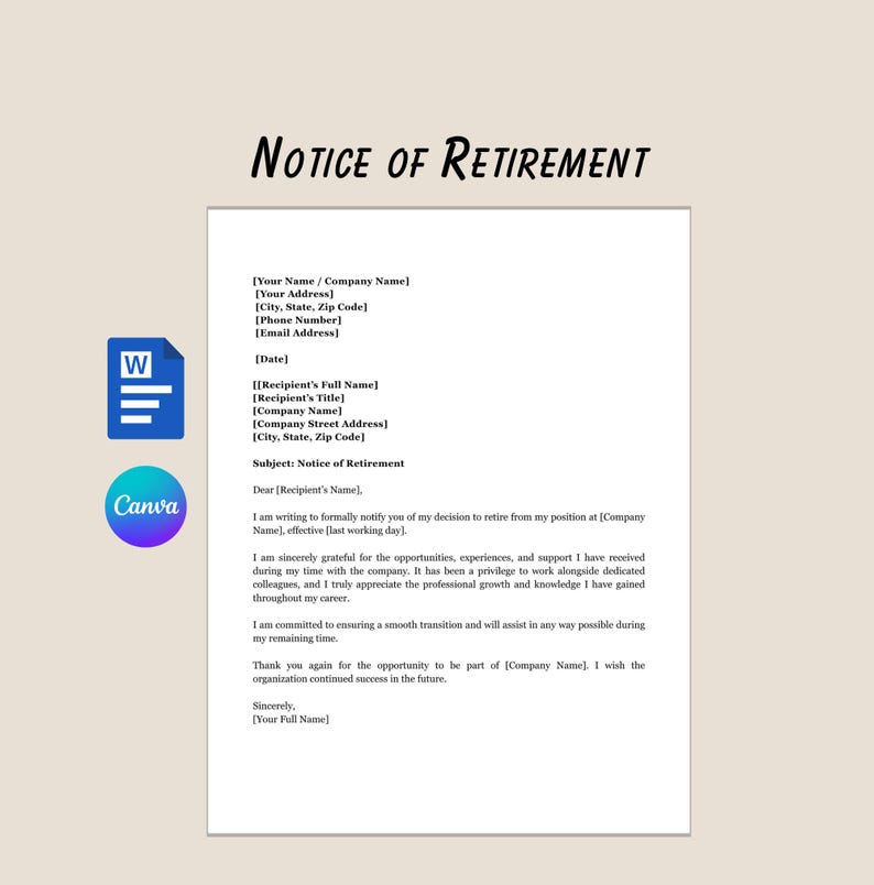 Notice of Retirement | Retirement Letter Template (digital Download) - Etsy