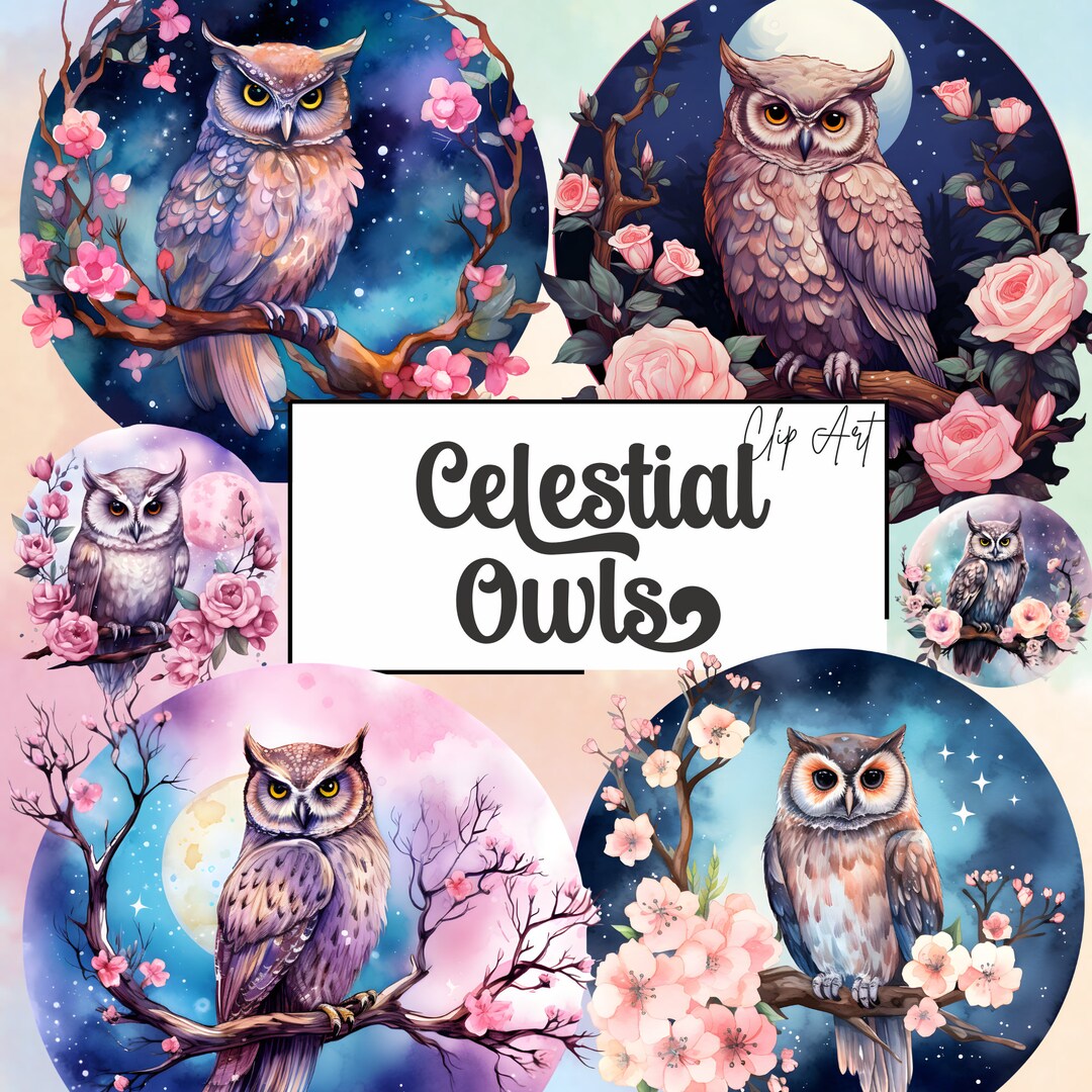 Clip Art Owl Watercolor Celestial Owl Mystical Full Moon, 300dpi DIY ...