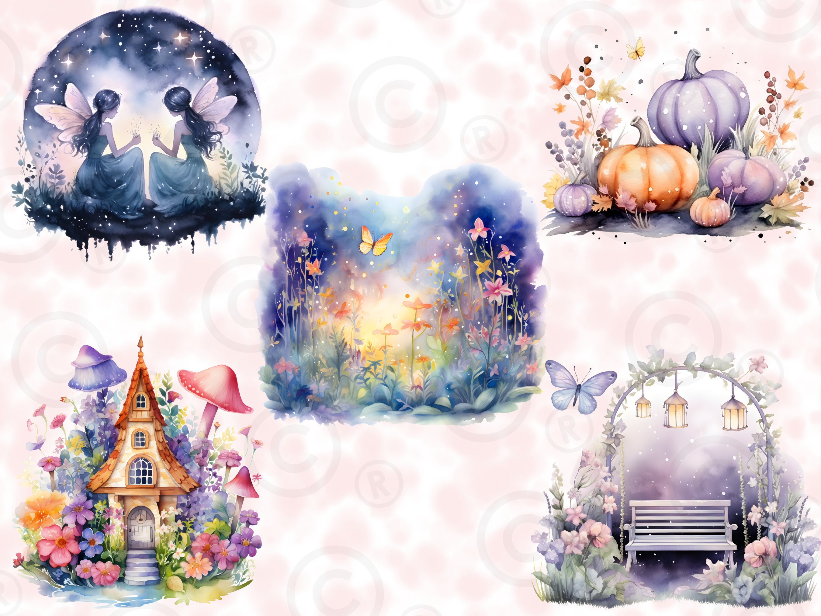 Clip Art Fairy Garden Watercolor Clipart Bundle Digital - Etsy