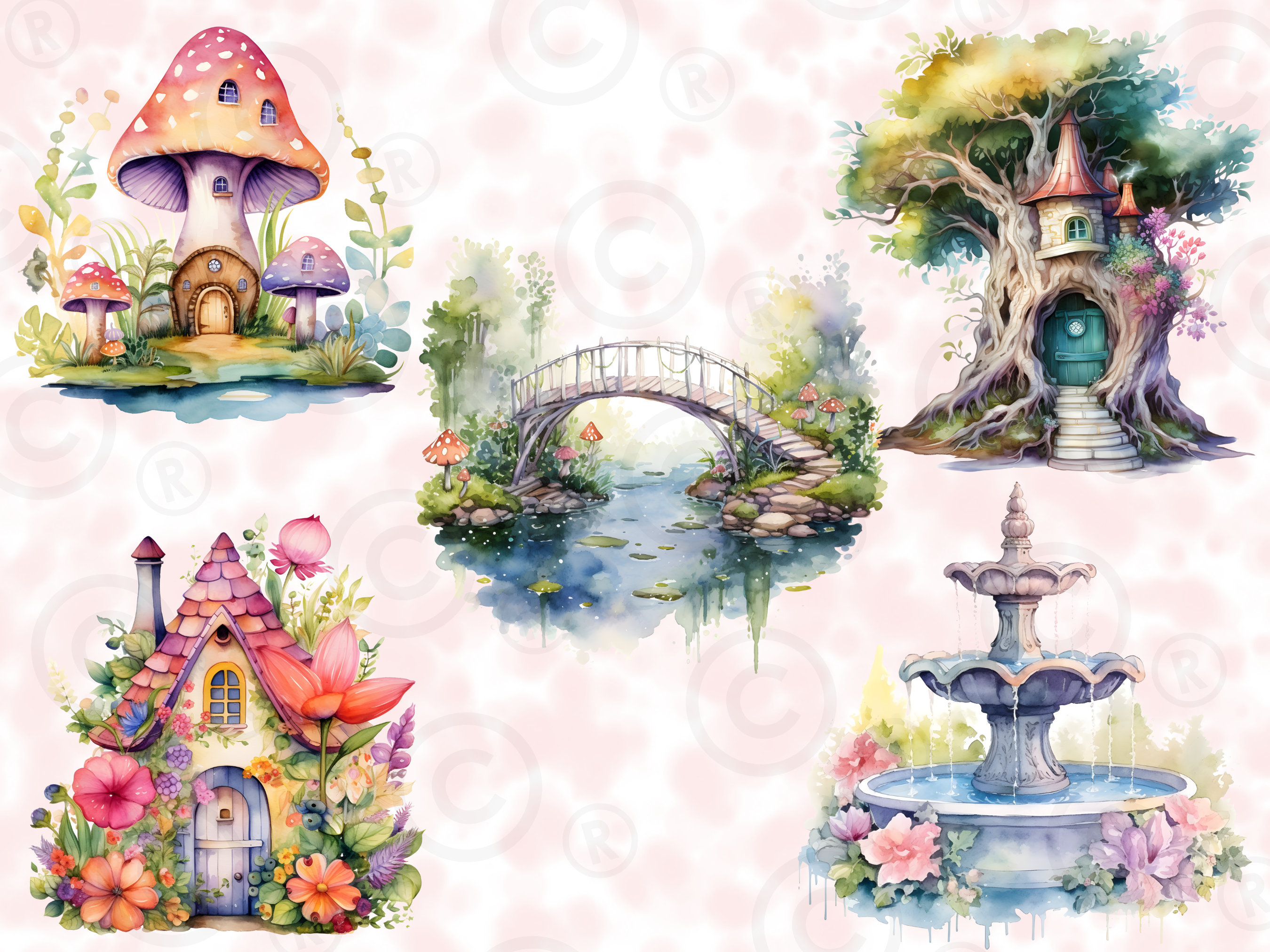 Clip Art Fairy Garden Watercolor Clipart Bundle Digital - Etsy