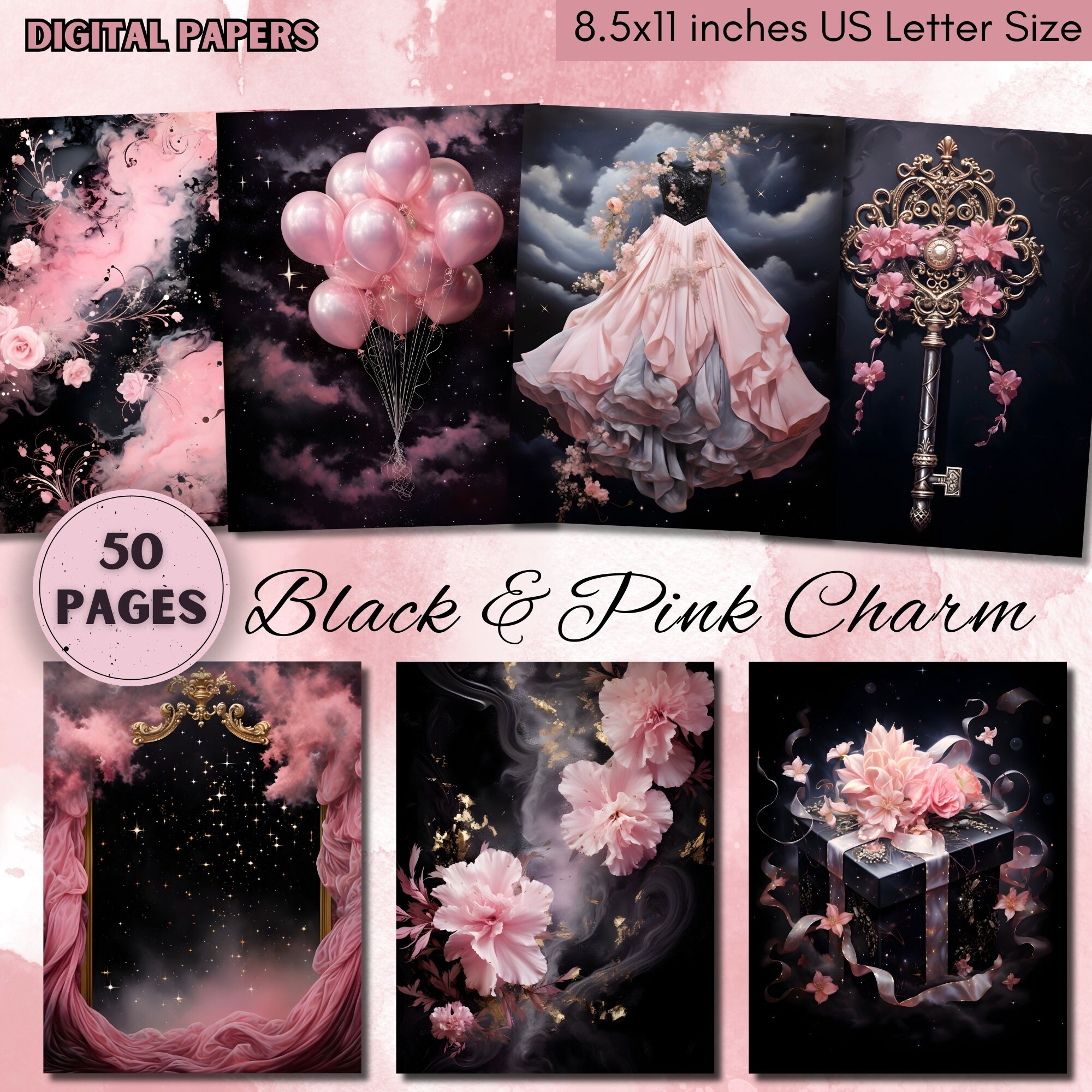 Black Pink Digital Papers Bundle, Junk Journal Pages, Scrapbooking, US ...