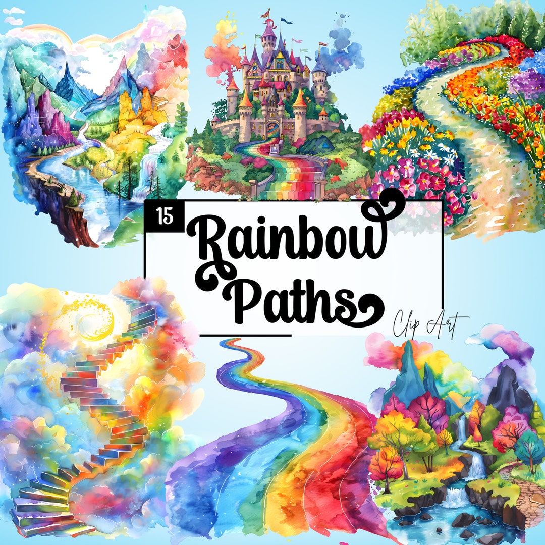 Watercolor Rainbow Path Clip Art, Colorful Landscape Illustration ...