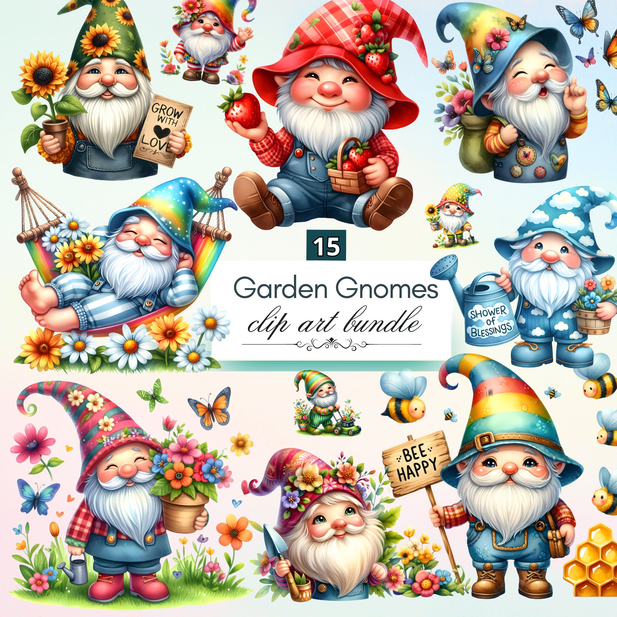 Watercolor Garden Gnome Clipart, Whimsical Illustrations (digital ...