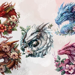 Floral Dragon Clip Art, Dark Fantasy Printable, Roses, Mythical ...
