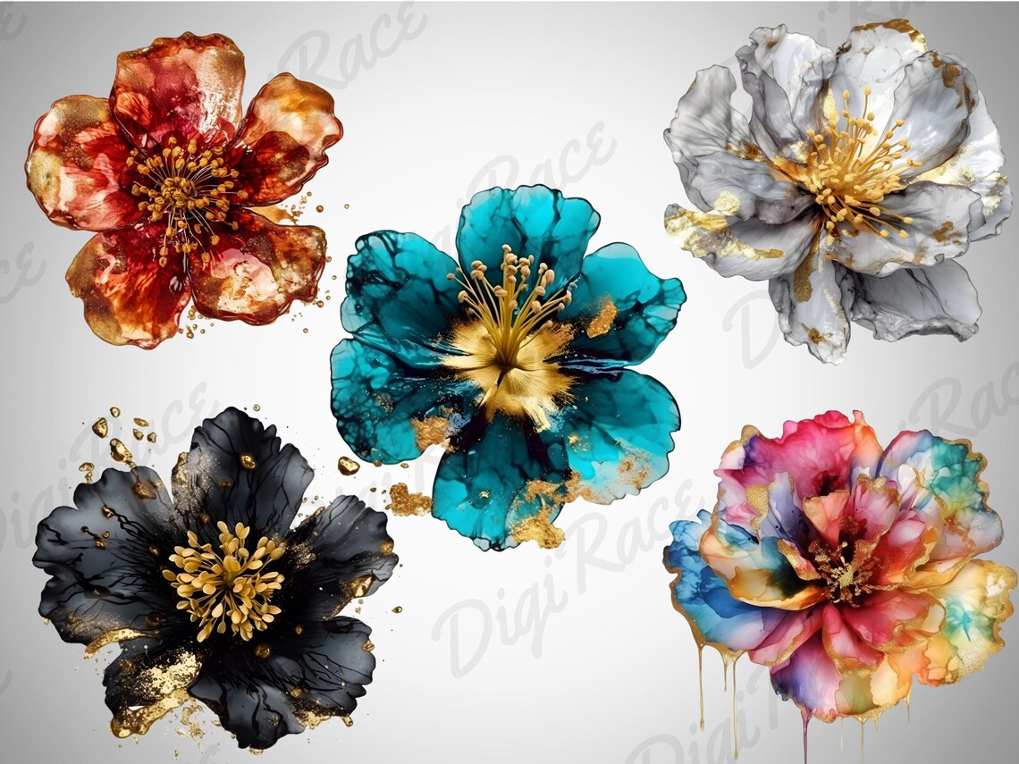 Clip Art Ink Flowers Png Elements for Sublimation, Floral Design Images ...