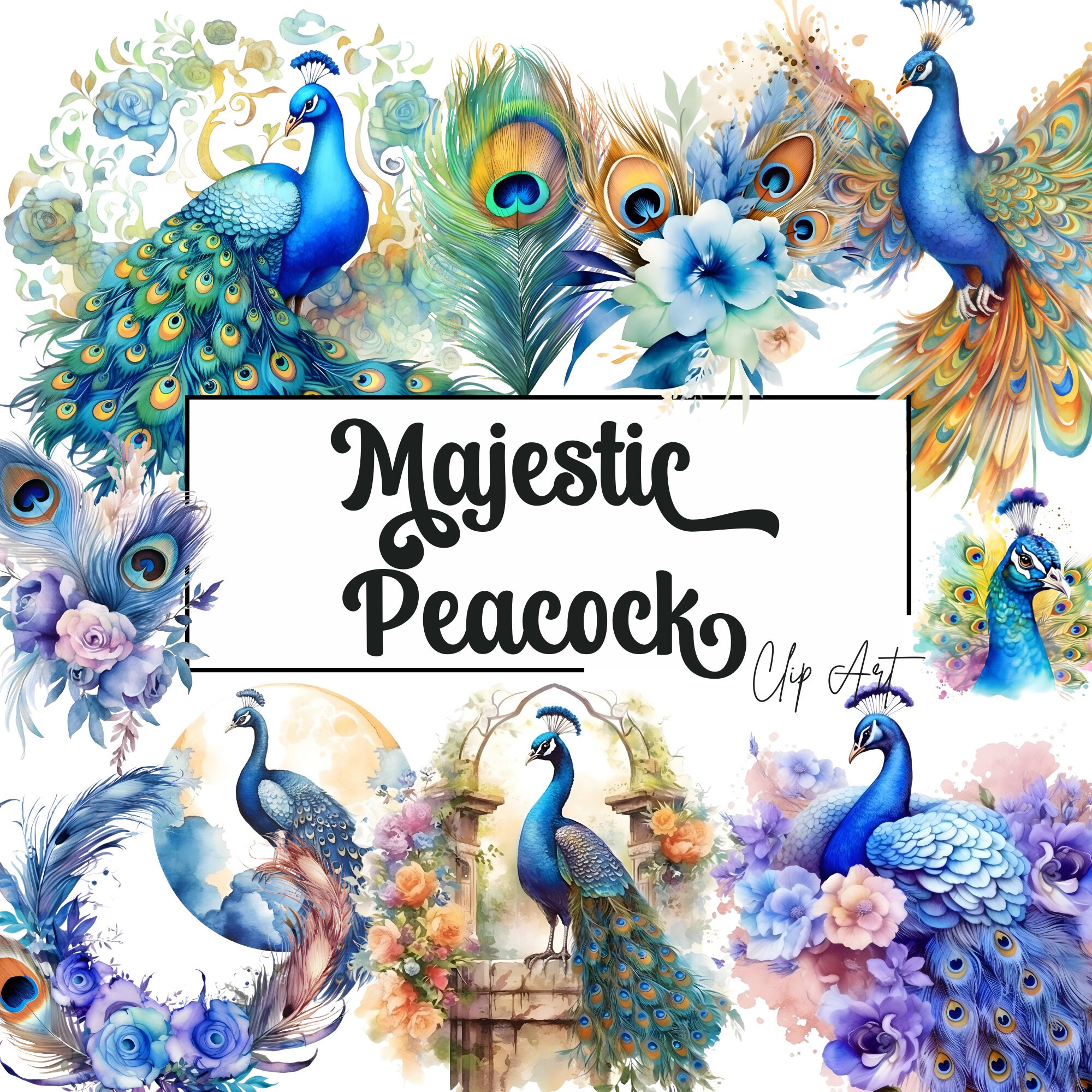 20 Watercolor Clip Art Peacocks, Birds, Fantasy, Peafowl, Peahen ...