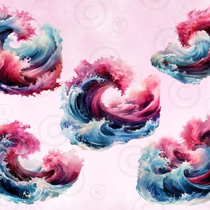 Clip Art Sea Wave Watercolor 300dpi Pink Blue Water Ocean - Etsy