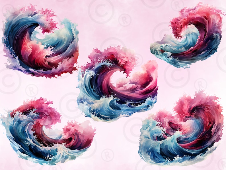 Clip Art Sea Wave Watercolor 300dpi Pink Blue Water Ocean Nautical ...
