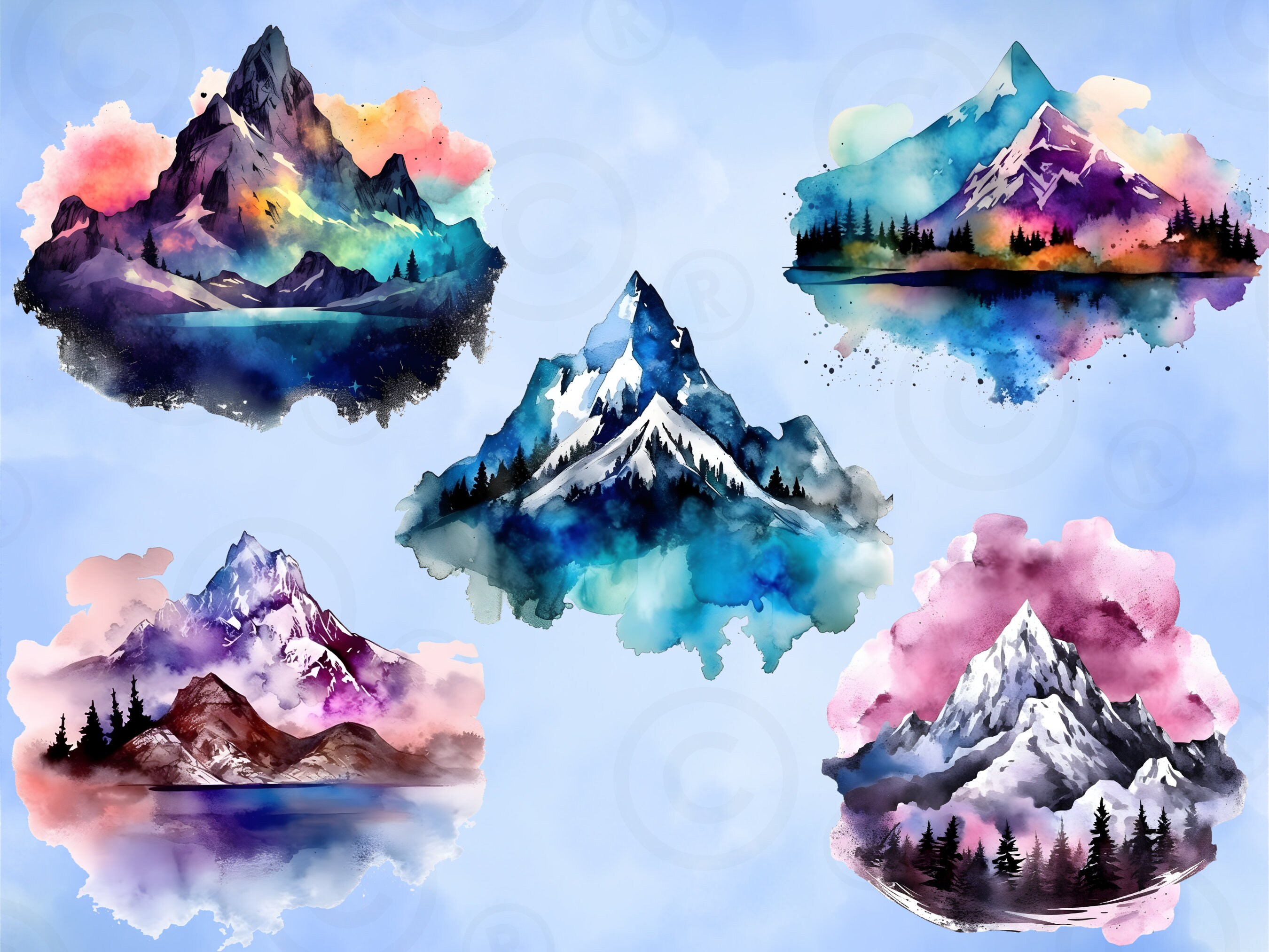 Watercolor Mountains Clip Art 300 DPI Transparent Background - Etsy