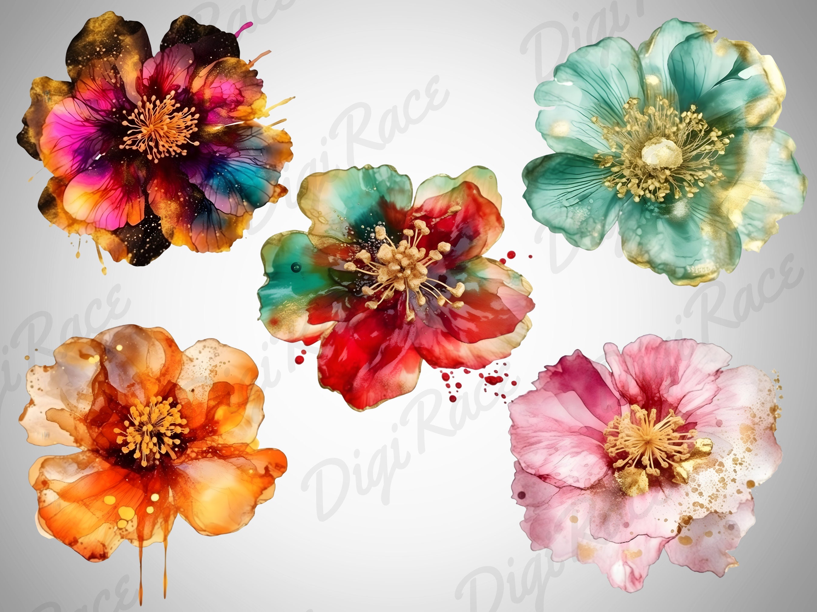 Clip Art Ink Flowers Png Elements for Sublimation, Floral Design Images ...