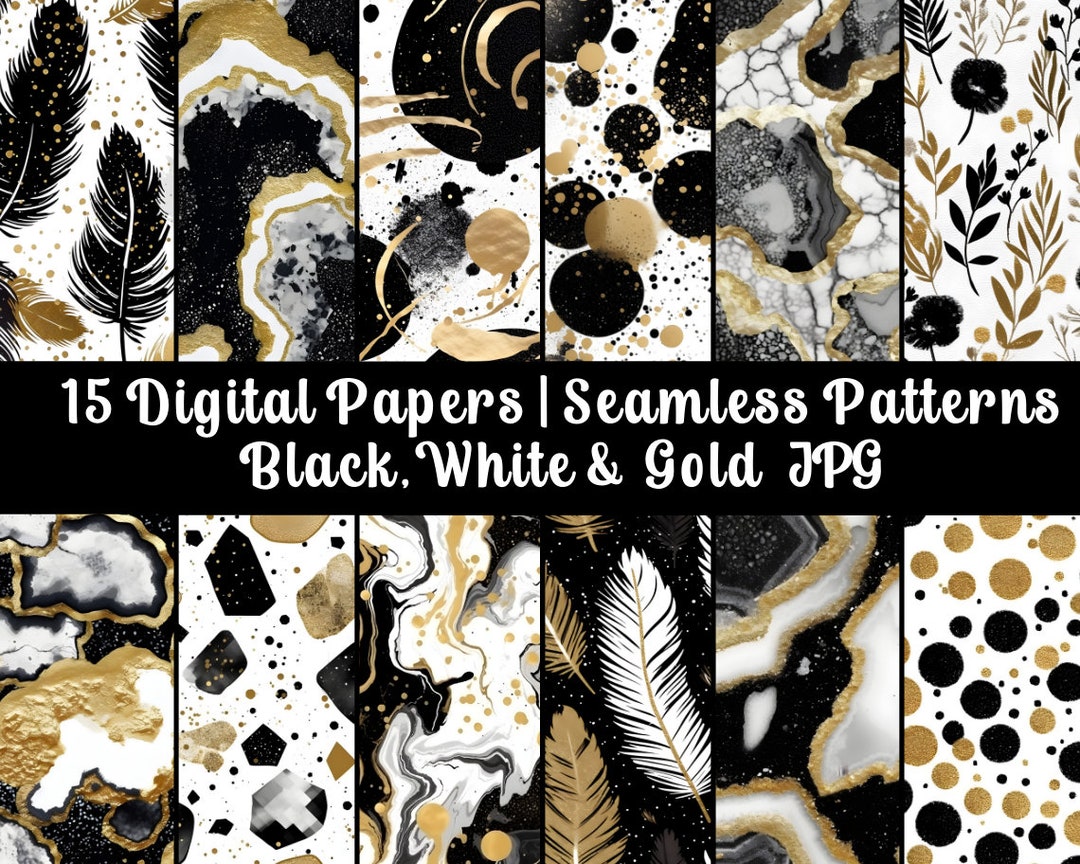 Digital Papers Black White Gold JPG 300DPI Seamless Patterns Background ...