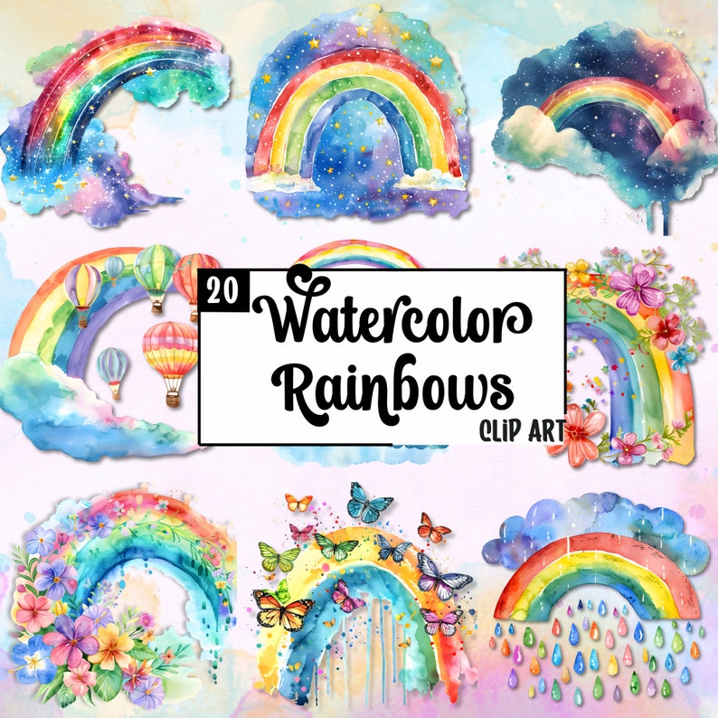 Watercolor Rainbow Clip Art, Colorful Landscape Illustration, Vibrant ...