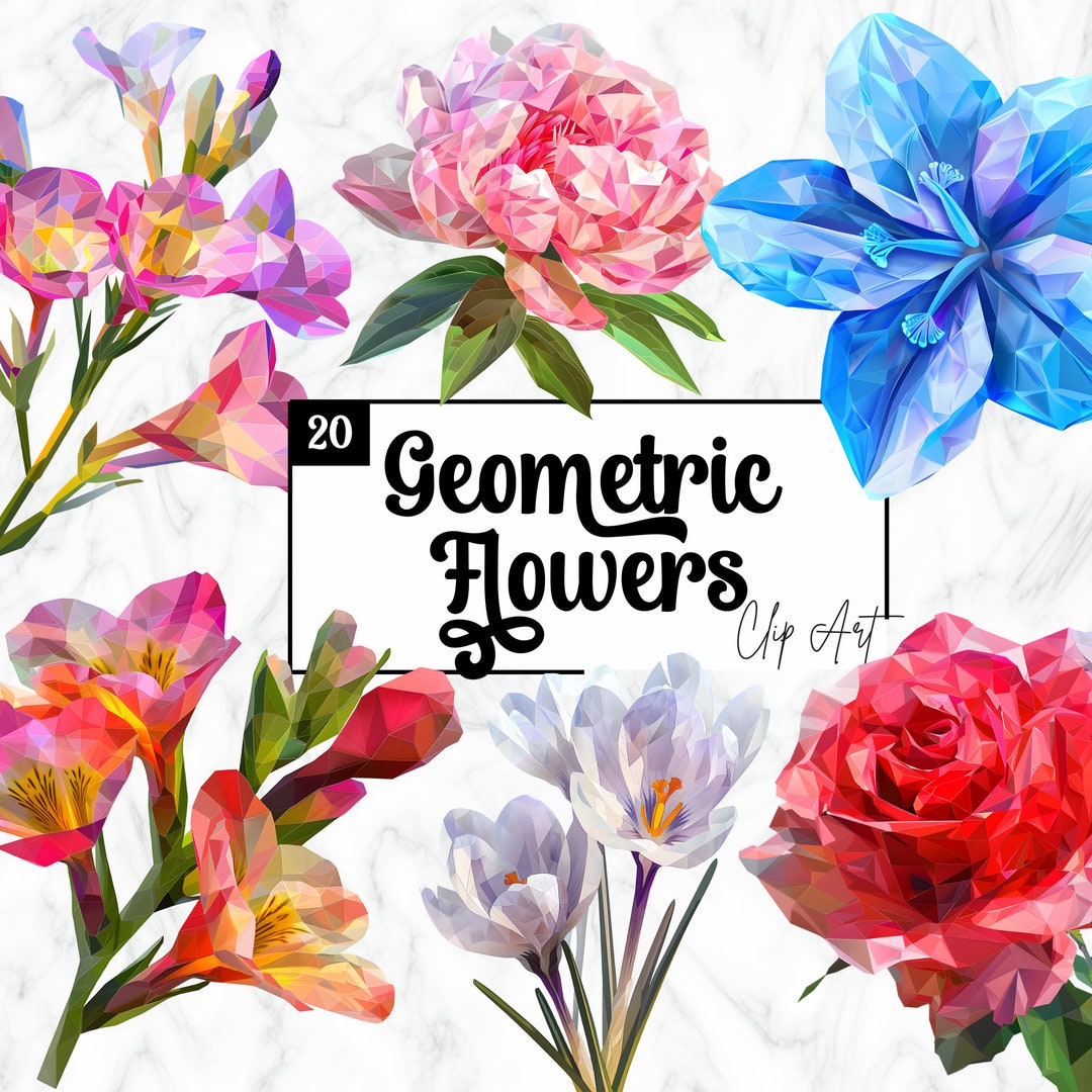 Flower Clip Art, Geometric Floral Graphic Design, 3D Rainbow Flower ...