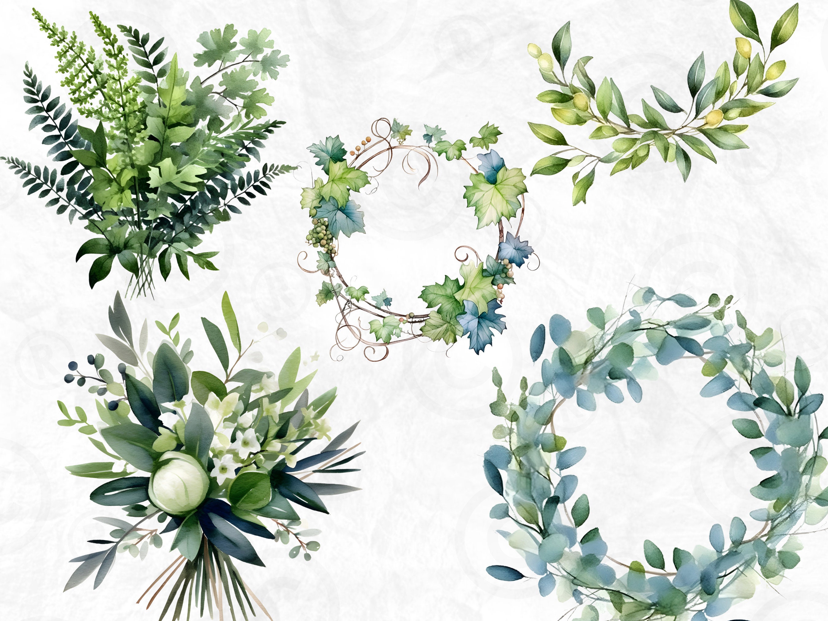 Watercolor Greenery 300dpi Clip Art Wreaths Floral Fern - Etsy