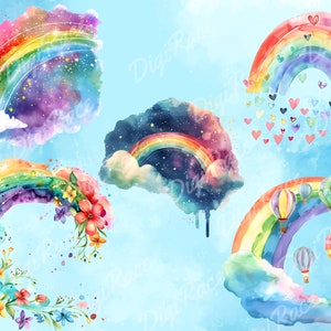 Watercolor Rainbow Clip Art, Colorful Landscape Illustration, Vibrant ...