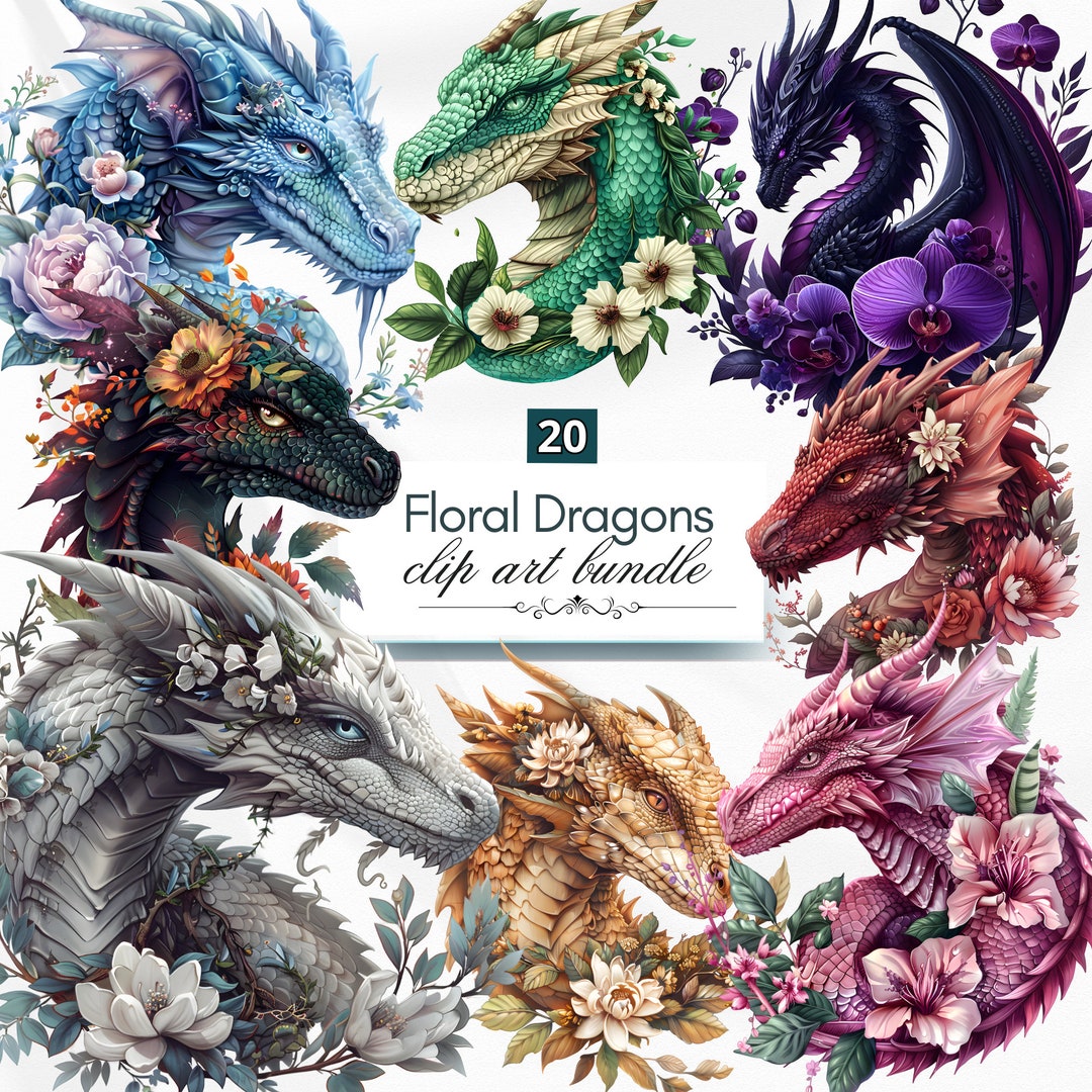 Floral Dragon Clip Art, Dark Fantasy Printable, Roses, Mythical ...