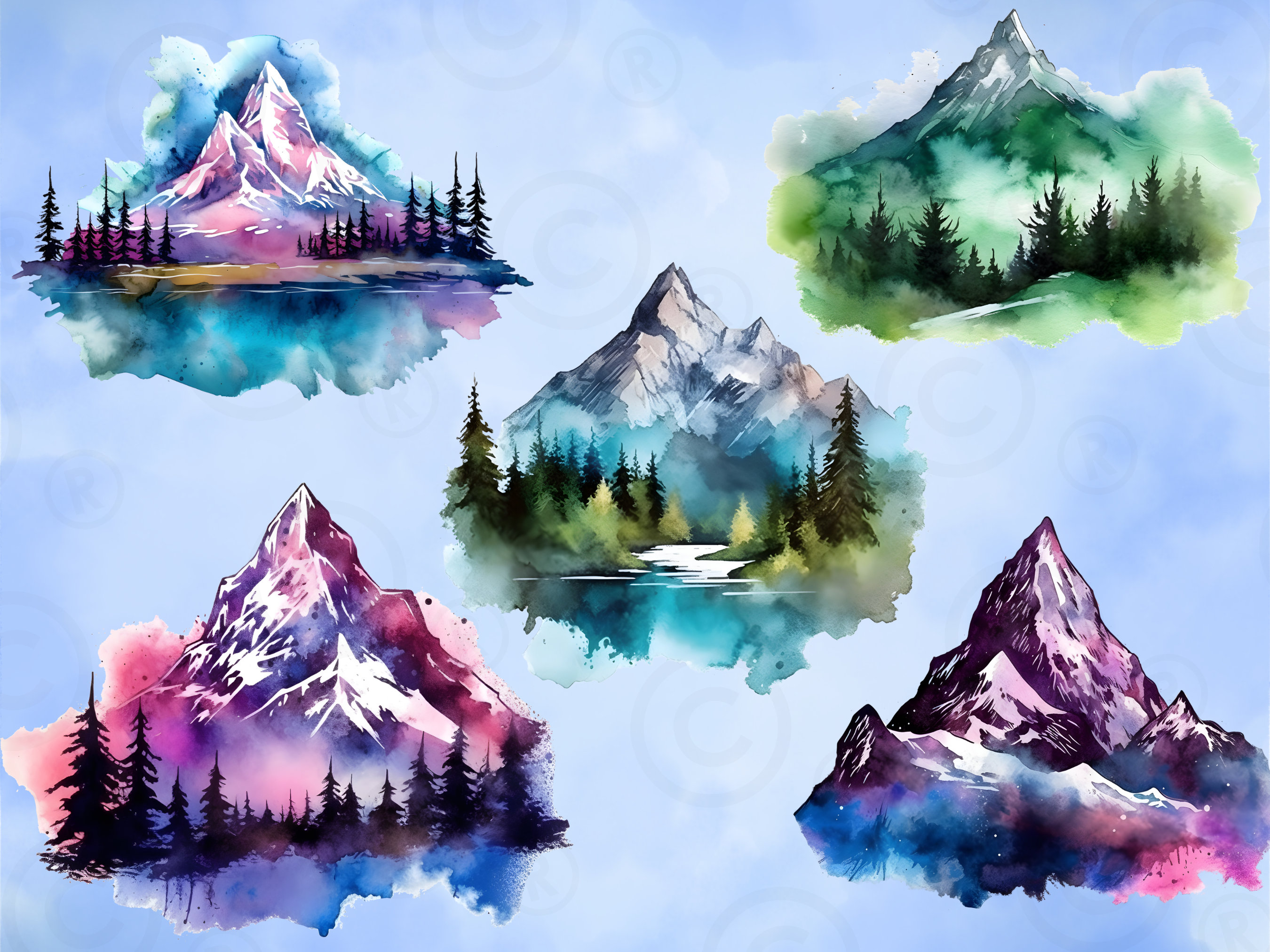 Watercolor Mountains Clip Art 300 DPI Transparent Background - Etsy