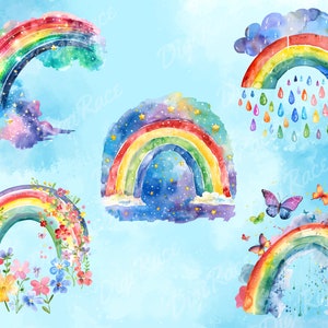 Watercolor Rainbow Clip Art, Colorful Landscape Illustration, Vibrant ...