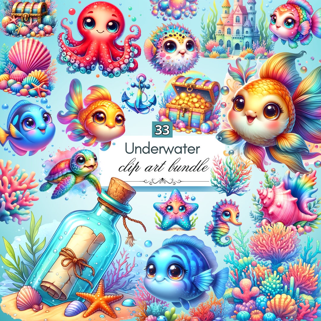 Underwater Clip Art Bundle - Bright Vivid Ocean & Undersea Creatures ...