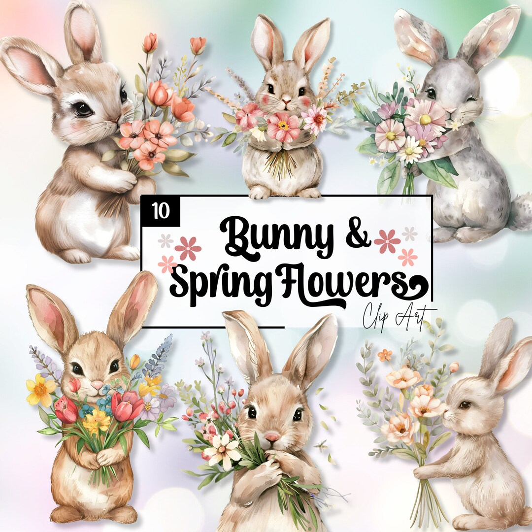 Clip Art Bunny With Flowers, 300DPI, Watercolor, Kawaii Png, Cute ...