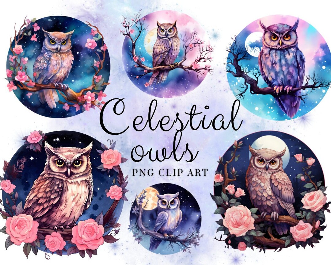 Clip Art Owl Watercolor Celestial Owl Mystical Full Moon - Etsy