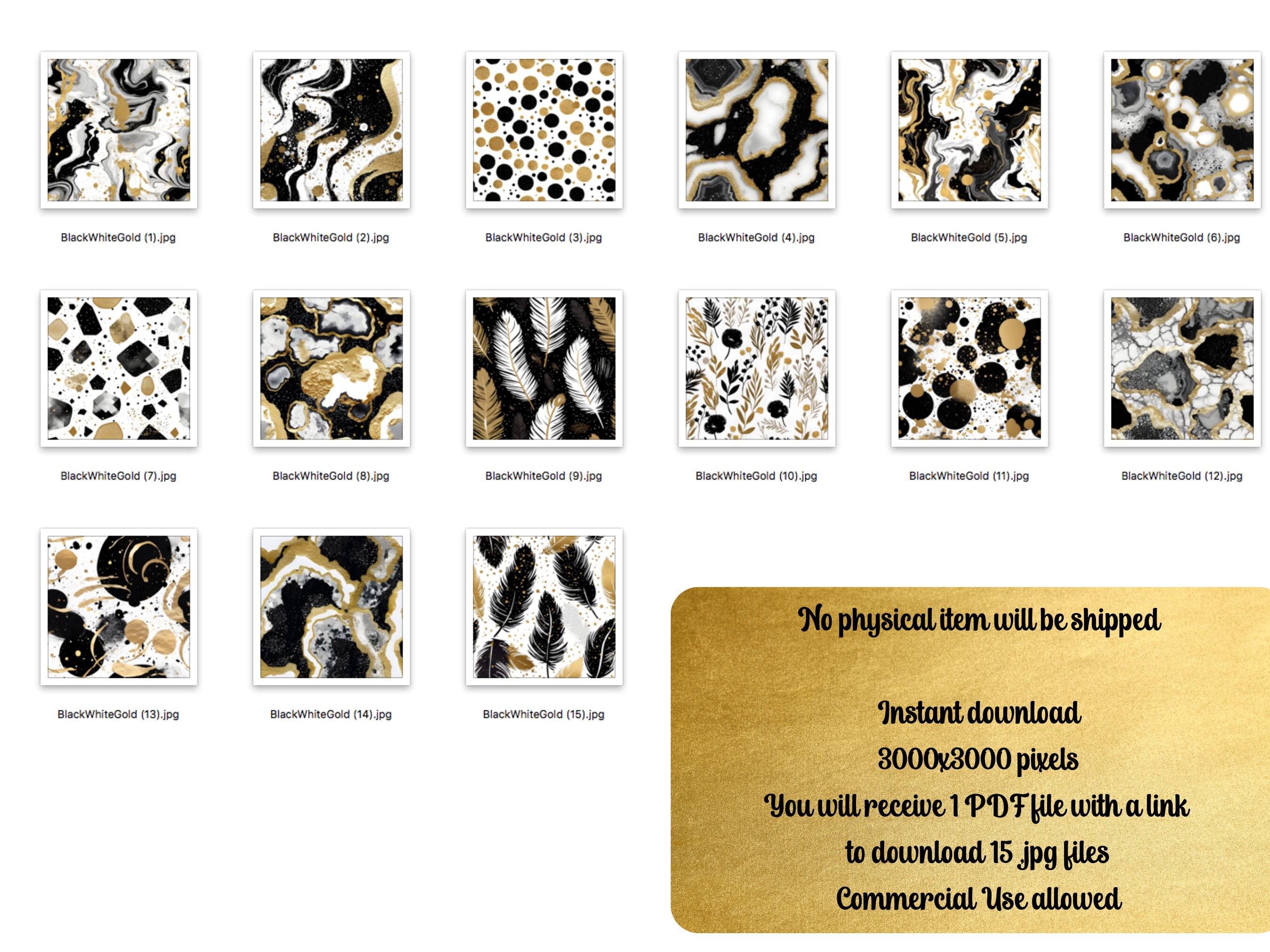 Digital Papers Black White Gold JPG 300DPI Seamless Patterns Background ...