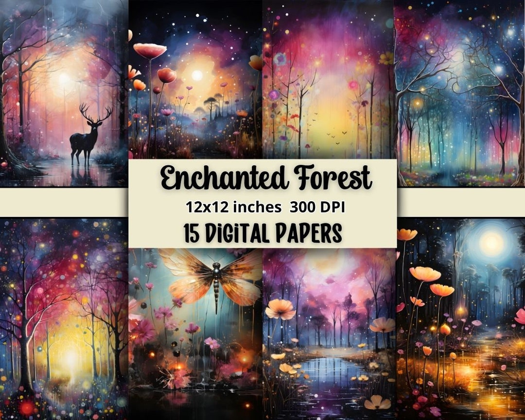 Enchanted Night Forest Digital Papers for Scrapbooking, Printing, Junk ...