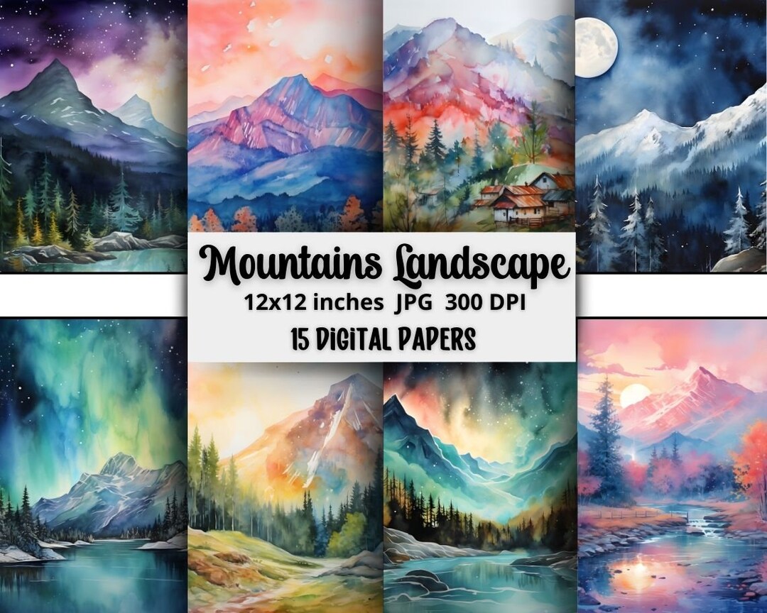 Mountain Landscape Art Digital Papers for Scrapbooking, Printing, Junk ...