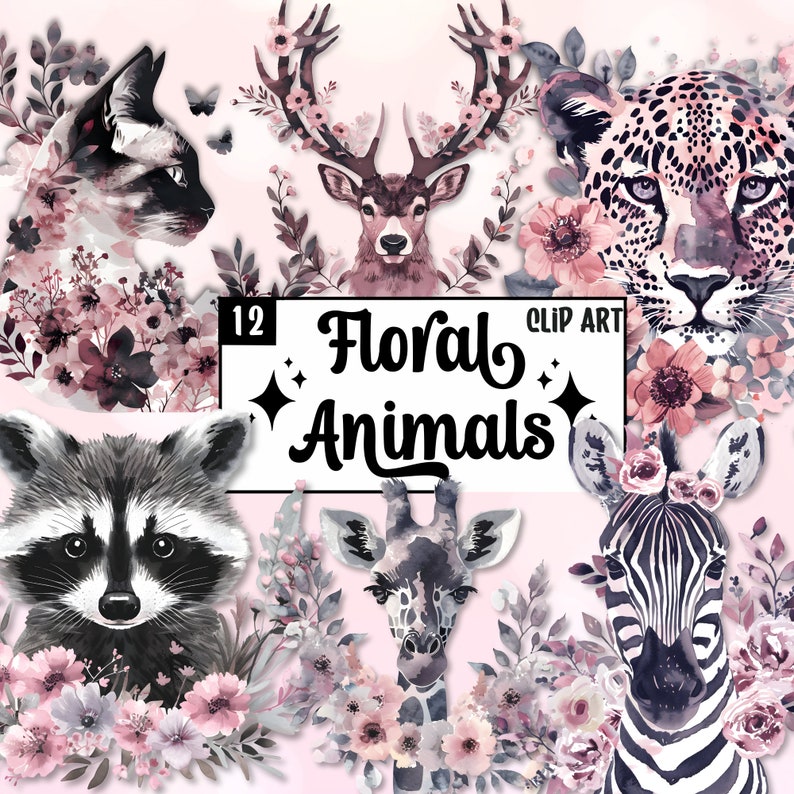 Floral Animals Digital Clip Art, Boho Aesthetics, Instant Download ...