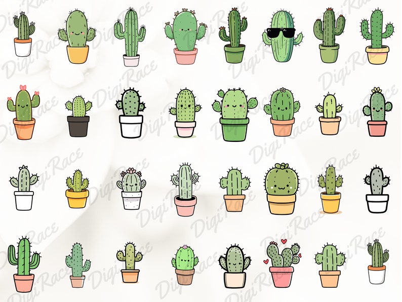 Adorable Cactus Clip Art Set PNG and SVG Formats, Chibi and Kawaii ...