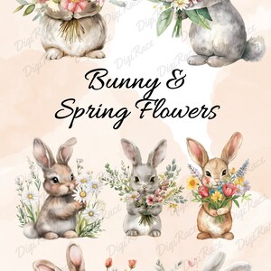 Clip Art Bunny With Flowers, 300DPI, Watercolor, Kawaii Png, Cute ...